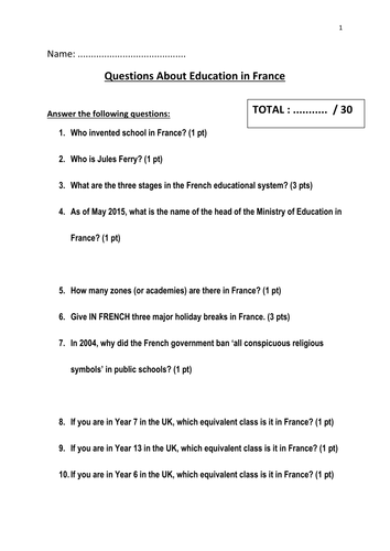 Educational System in France Presentation | Teaching Resources