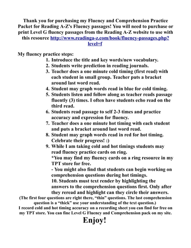 Comprehension Fluency Packet using Reading A-Z Passages- Level F/DRA 10 ...
