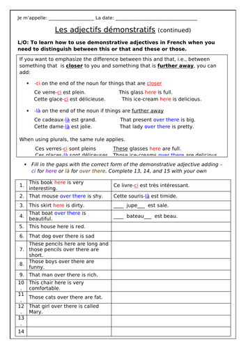 FRENCH - Les adjectifs démonstratifs - Ce, Cet, Cette et Ces ...