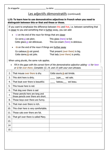 FRENCH - Les adjectifs démonstratifs - Ce, Cet, Cette et Ces ...