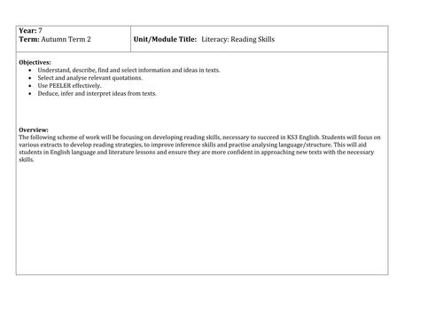 Year 7 Reading Skills Literacy SoW (8 Lessons) | Teaching Resources