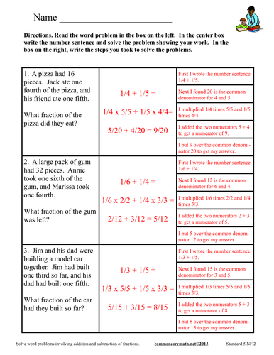 Fraction Word Problems -5.NF.2 | Teaching Resources