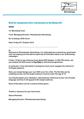 AQA GCSE Media Studies Assignment 1 Packaging of DVD's Brief | Teaching ...