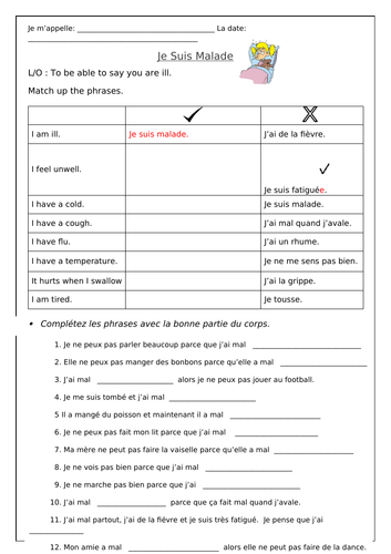 FRENCH - J'ai mal ... et Je suis malade - Worksheets | Teaching Resources