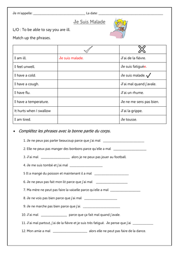 FRENCH - J'ai mal ... et Je suis malade - Worksheets | Teaching Resources