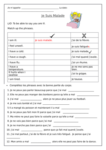 FRENCH - J'ai mal ... et Je suis malade - Worksheets | Teaching Resources