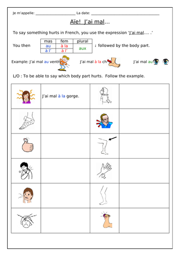 FRENCH - J'ai mal ... et Je suis malade - Worksheets | Teaching Resources