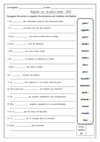 FRENCH - RÉVISION - Present Tense Regular -er, -ir, -re Verbs ...