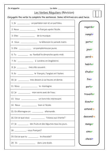 FRENCH - RÉVISION - Present Tense Regular -er, -ir, -re Verbs ...
