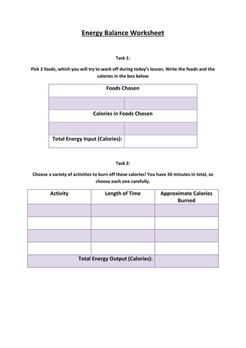 Fitness Worksheet - Achieving Energy Balance | Teaching Resources