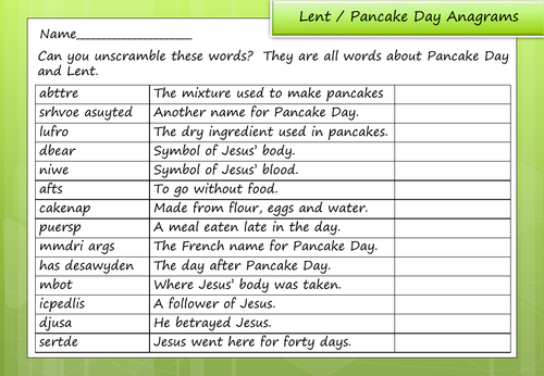 Pancake Day / Lent Anagram Puzzle | Teaching Resources