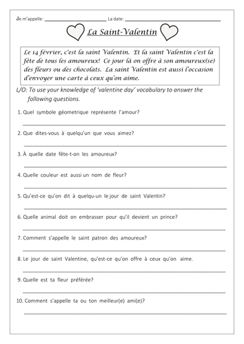 FRENCH - La Saint Valentin - Activities - Worksheets | Teaching Resources