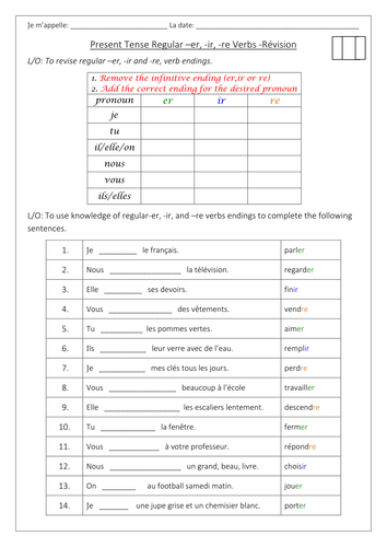 FRENCH - RÉVISION - Present Tense Regular -er, -ir, -re Verbs ...