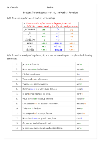FRENCH - RÉVISION - Present Tense Regular -er, -ir, -re Verbs ...