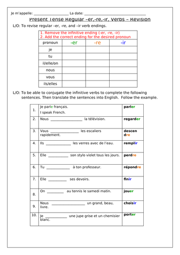 FRENCH - RÉVISION - Present Tense Regular -er, -ir, -re Verbs ...