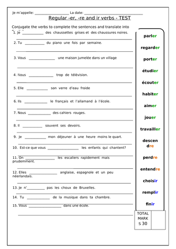 FRENCH - RÉVISION - Present Tense Regular -er, -ir, -re Verbs ...