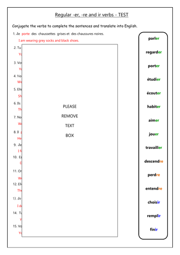FRENCH - RÉVISION - Present Tense Regular -er, -ir, -re Verbs ...