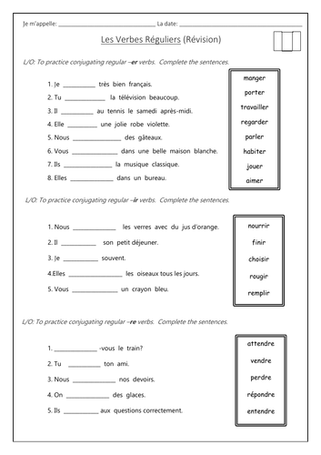 FRENCH - RÉVISION - Present Tense Regular -er, -ir, -re Verbs ...