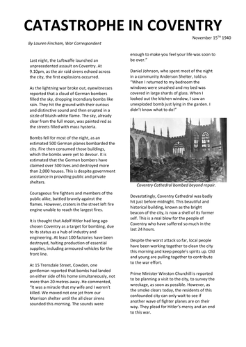 WW2 The Blitz in Coventry newspaper article KS2 | Teaching Resources
