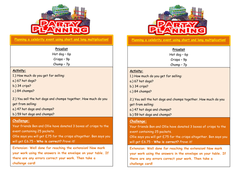 Party planning KS2 - one, two and three step word problems involving ...