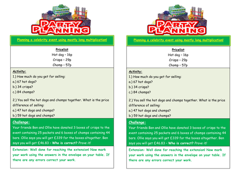 Party planning KS2 - one, two and three step word problems involving ...
