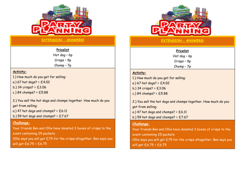Party planning KS2 - one, two and three step word problems involving ...