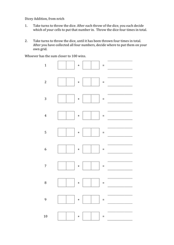 Maths Key Stage 1 or 2 . Developing number bonds and tables with dice ...