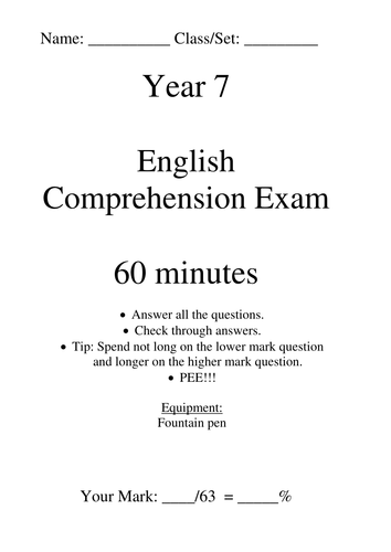 English Comprehension Exam Package Year 7-8 | Teaching Resources