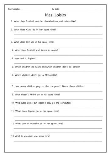 FRENCH - HOBBIES - Mes Loisirs - Worksheets | Teaching Resources
