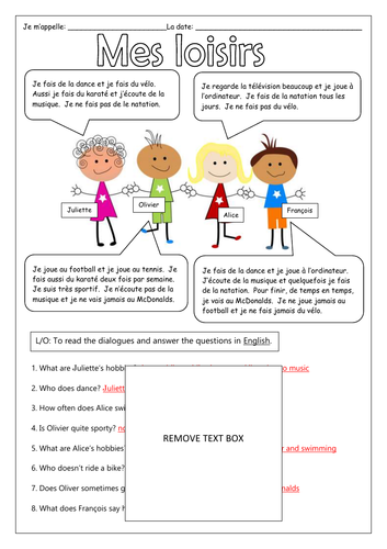 FRENCH - HOBBIES - Mes Loisirs - Worksheets | Teaching Resources