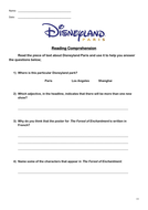 Disneyland Paris Reading Comprehension | Teaching Resources