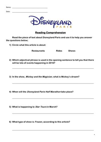 Disneyland Paris Reading Comprehension | Teaching Resources