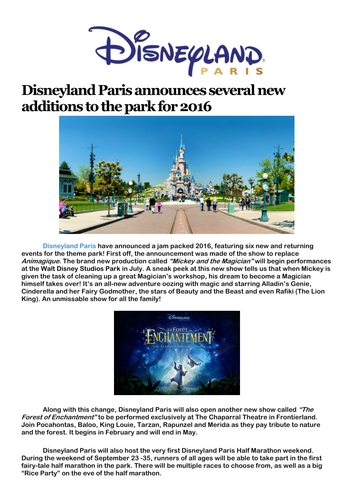 Disneyland Paris Reading Comprehension | Teaching Resources