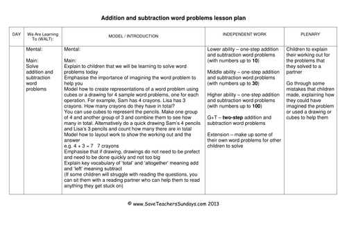 Addition and Subtraction Word Problems Worksheets, Lesson Plans and ...