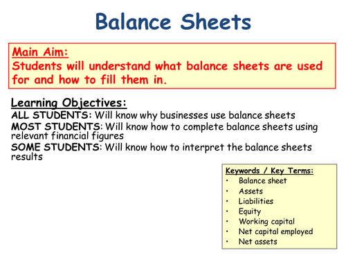 Balance Sheets - Finance - Business Studies - PPT, Tasks, Starter ...
