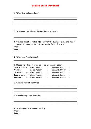 Balance Sheets - Finance - Business Studies - PPT, Tasks, Starter ...