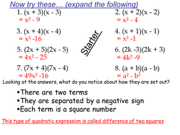 DIFFERENCE OF TWO SQUARES | Teaching Resources