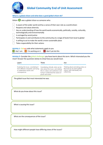 Citizenship end of unit assessment for Global citizen and Changing ...