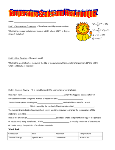 Temperature Conversions, Heat Equation, and Thermal Energy Quiz ...