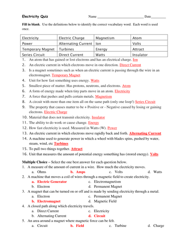 Physics Electricity Vocabulary Review and Quiz | Teaching Resources