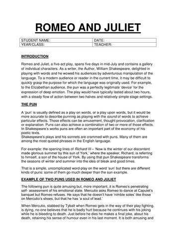 ROMEO AND JULIET: PLAY INTRODUCTION AND EXERCISES | Teaching Resources