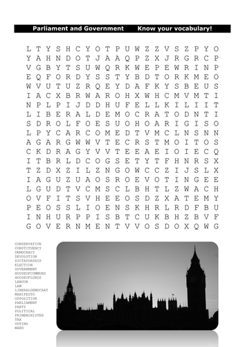 Parliament and Government VOCABULARY Word Search Lesson Starter ...