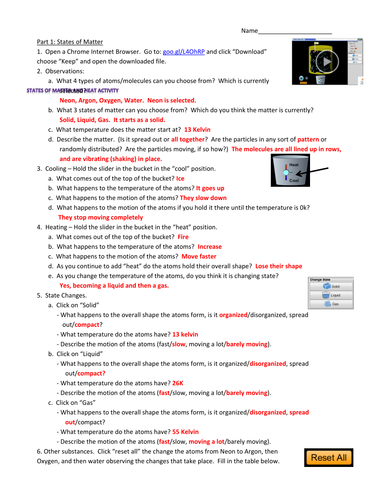 States of Matter, Phase Change, and Heat Simulation Activity | Teaching ...