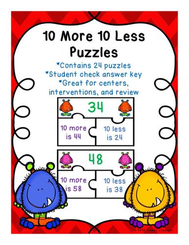 10 More 10 Less Game Puzzles for a Ten More Ten Less Center Activity ...