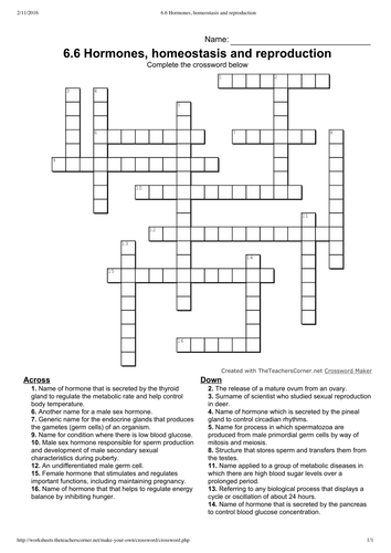 IB Biology 2016 Topic 6 Human Physiology Crossword Puzzles | Teaching ...