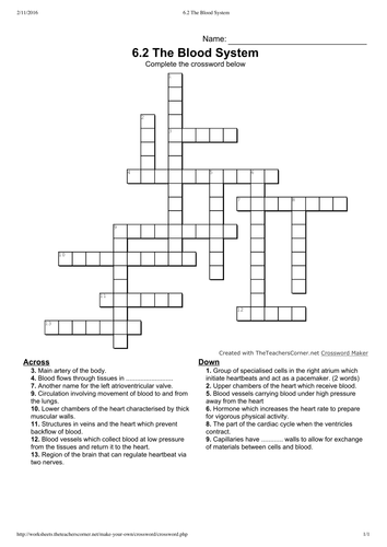 IB Biology 2016 Topic 6 Human Physiology Crossword Puzzles | Teaching ...