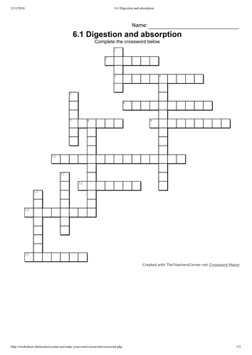 IB Biology 2016 Topic 6 Human Physiology Crossword Puzzles | Teaching ...