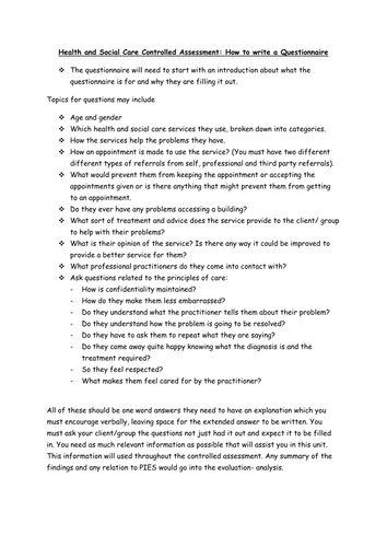 WJEC GCSE Health and Social Care Controlled Assessment Helpsheets ...