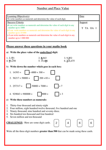 Year 5 Place Value To write numbers as numerals and determine the value ...