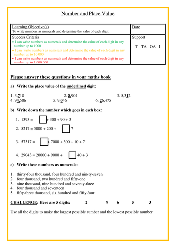 Year 5 Place Value To write numbers as numerals and determine the value ...